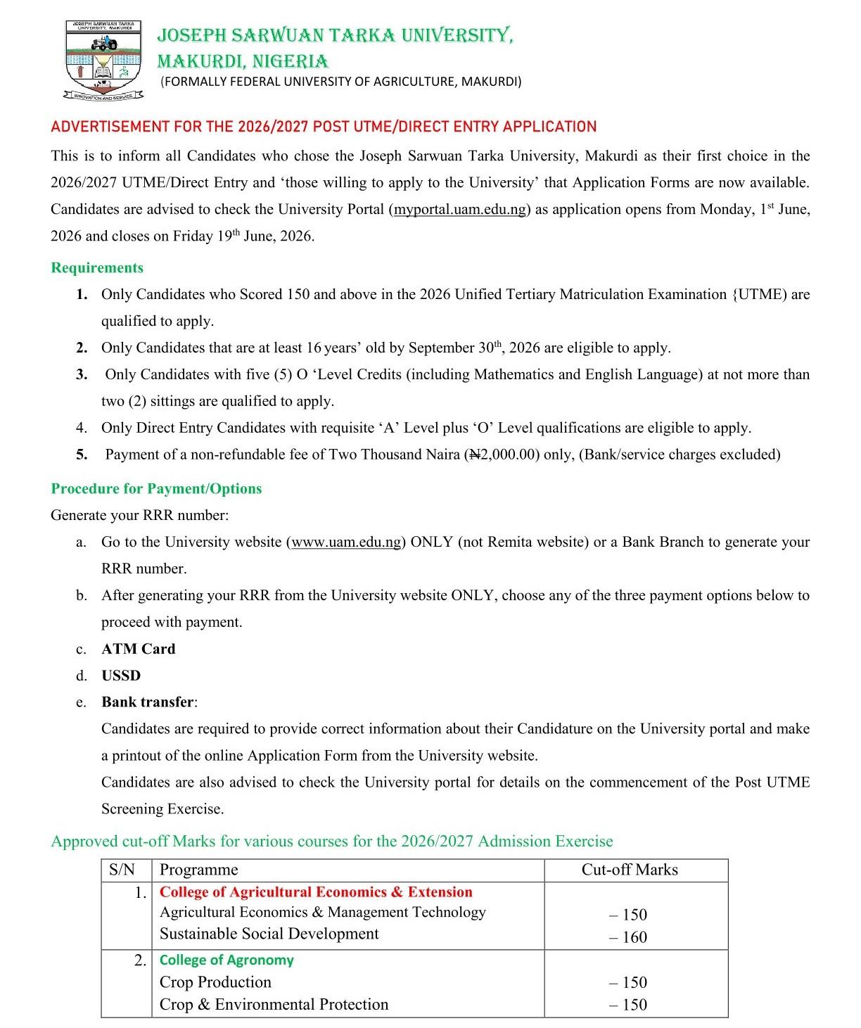 Advertisement for the 2026/2027 Post UTME/Direct entry application ...